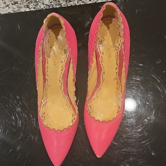 Marchesa | Shoes | Marchesa Pink Lacetrimmed Heels | Poshmark